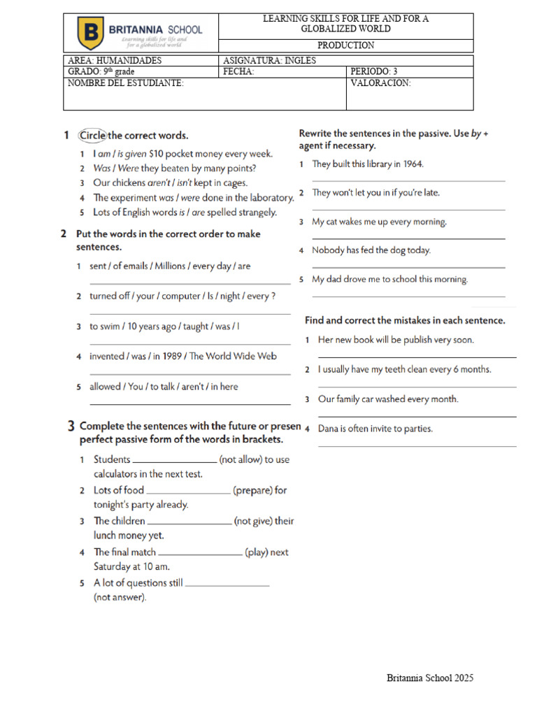 Passive Voice 9th Grade Production 11 Copias + La Ultima | PDF