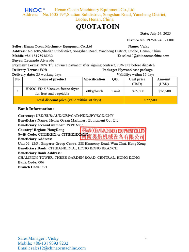 Quotation of 50kg Capacity Vacuum Freeze Dryer From Vicky HNOC | PDF ...