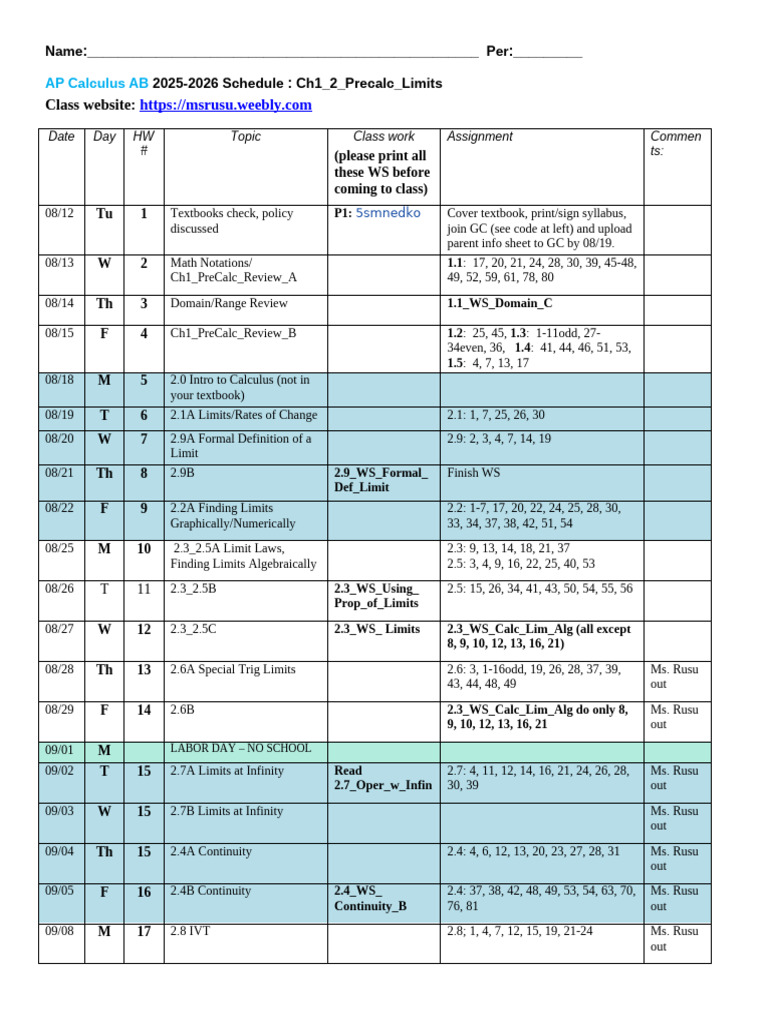 ap_calcab_ch1_2_schedule_2025_2026 | PDF | Mathematics