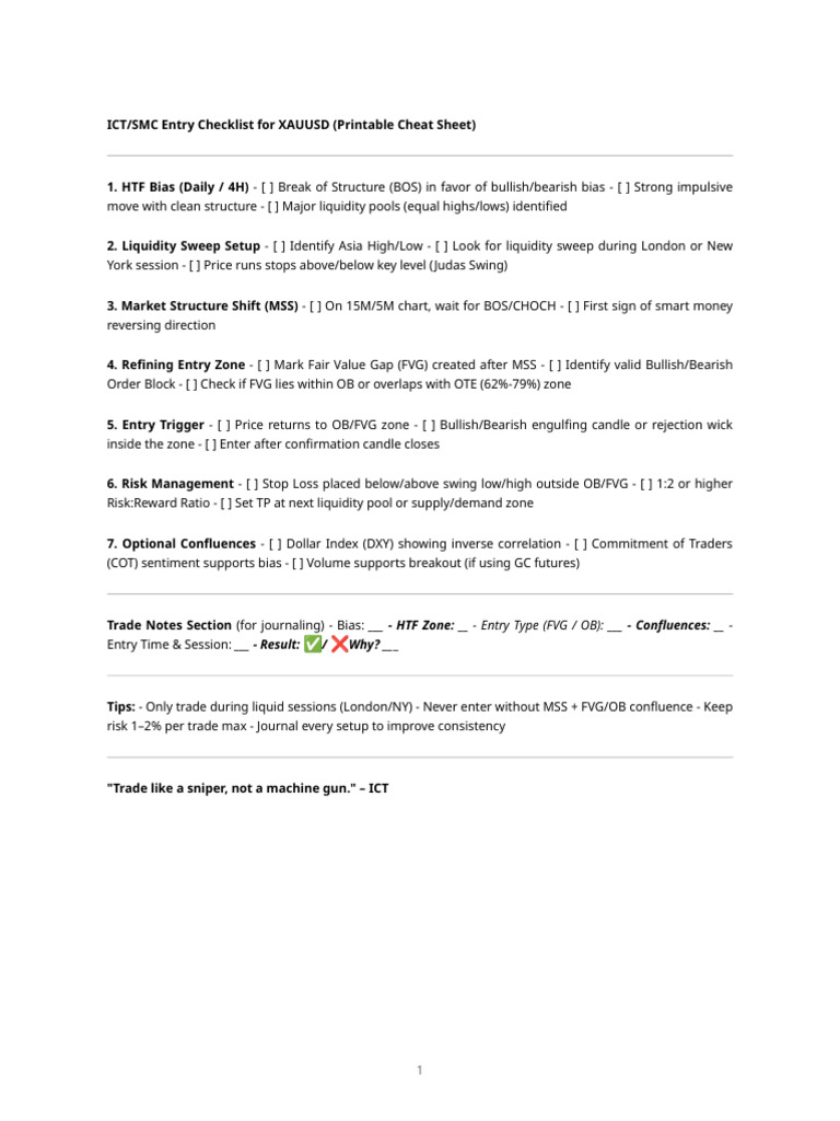 XAUUSD ICT Entry Checklist Guide | PDF
