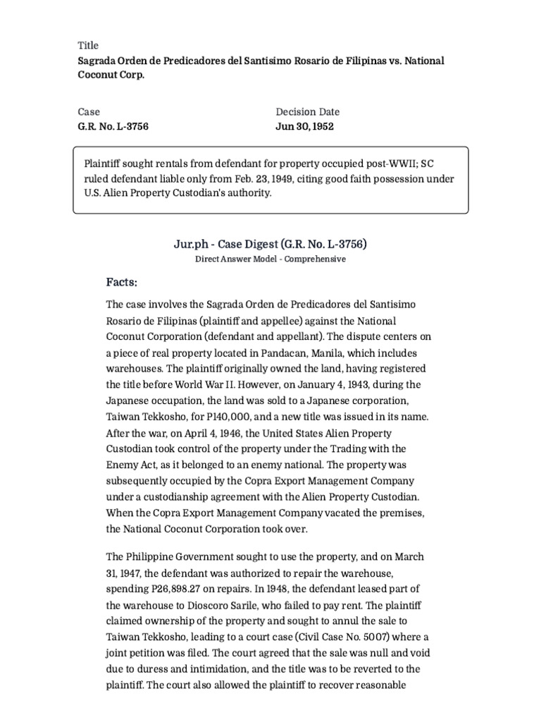 Case Digest - G.R. No. L-3756 - Sagrada Orden de Predicadores Del Santisimo Rosario de Filipinas ...
