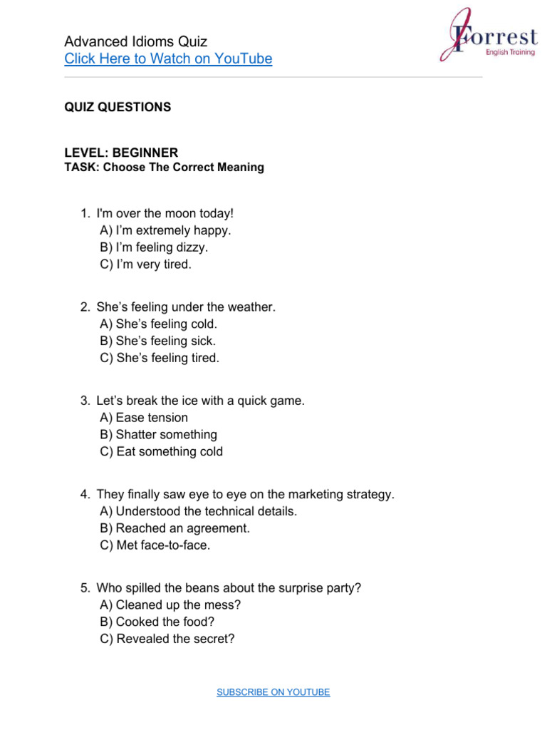 Advanced Idioms Quiz by JForrest English | PDF | English Language | Idiom