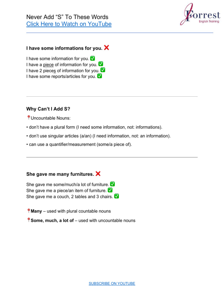 Uncountable Nouns: Avoid Adding "S" | PDF | English Language | Noun