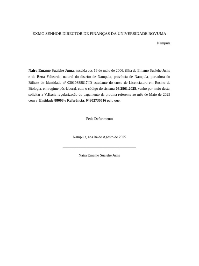 Exmo Senhor Director de Finanças Da Universidade Rovuma | PDF
