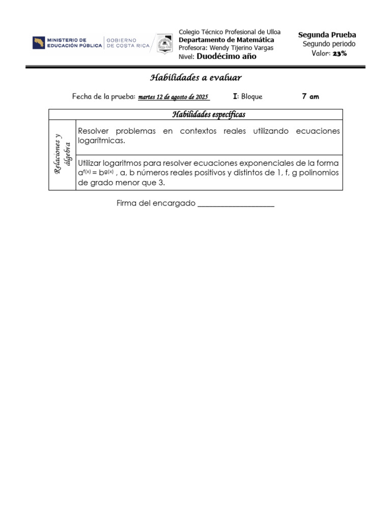 Habilidades II Prueba Del II Periodo de Matemática 12° | PDF