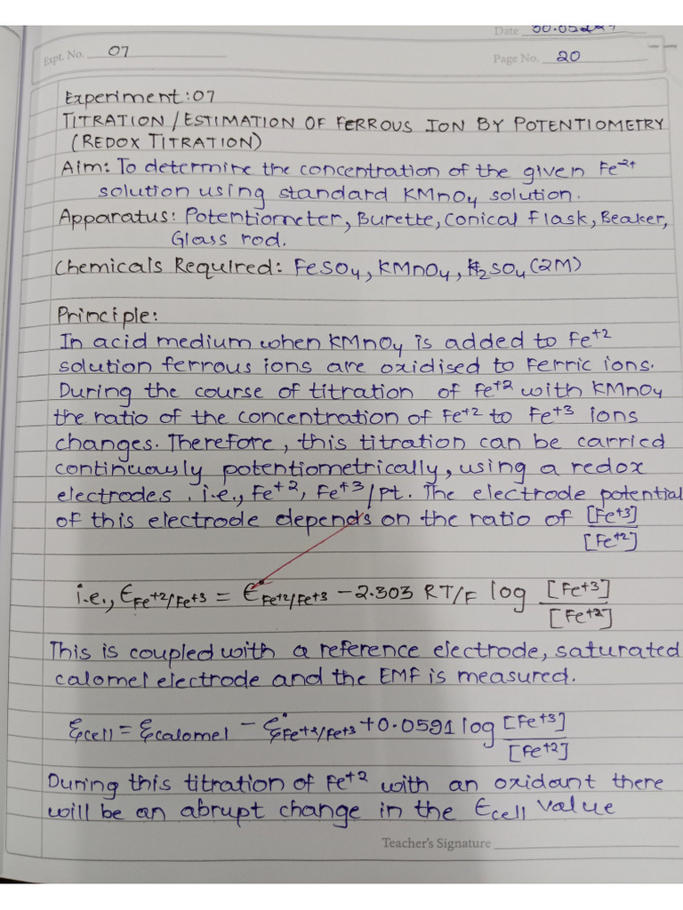 Titration or Estimation of Ferrous Ion by Potentiometry | PDF