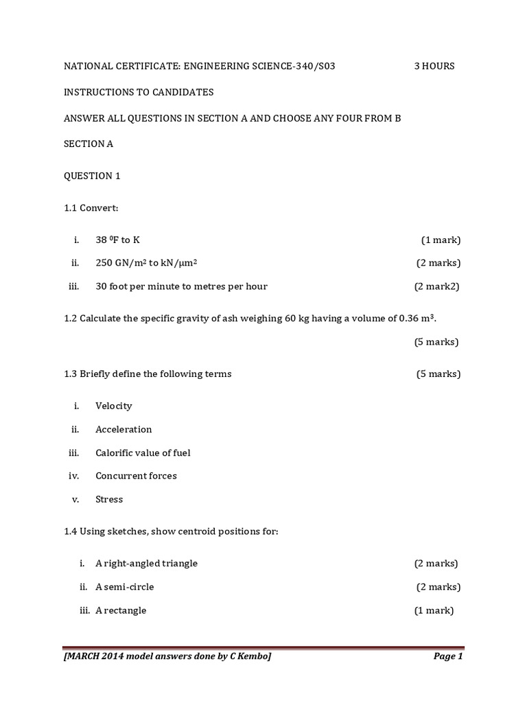 Engineering Science Exam Model Answers | PDF | Force | Strength Of ...