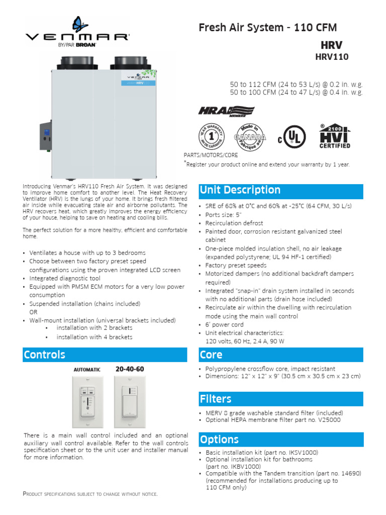 Venmar HRV110 Fresh Air System Overview | PDF | Building Technology ...