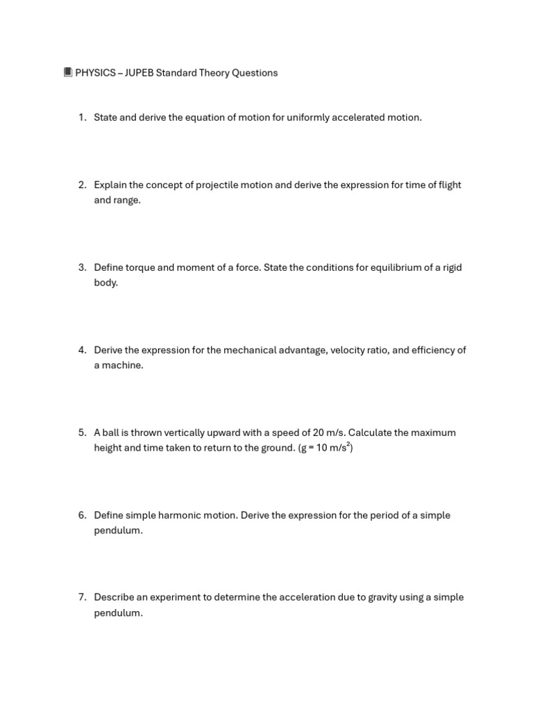 Physics Jupeb Standard Theory Questions | PDF
