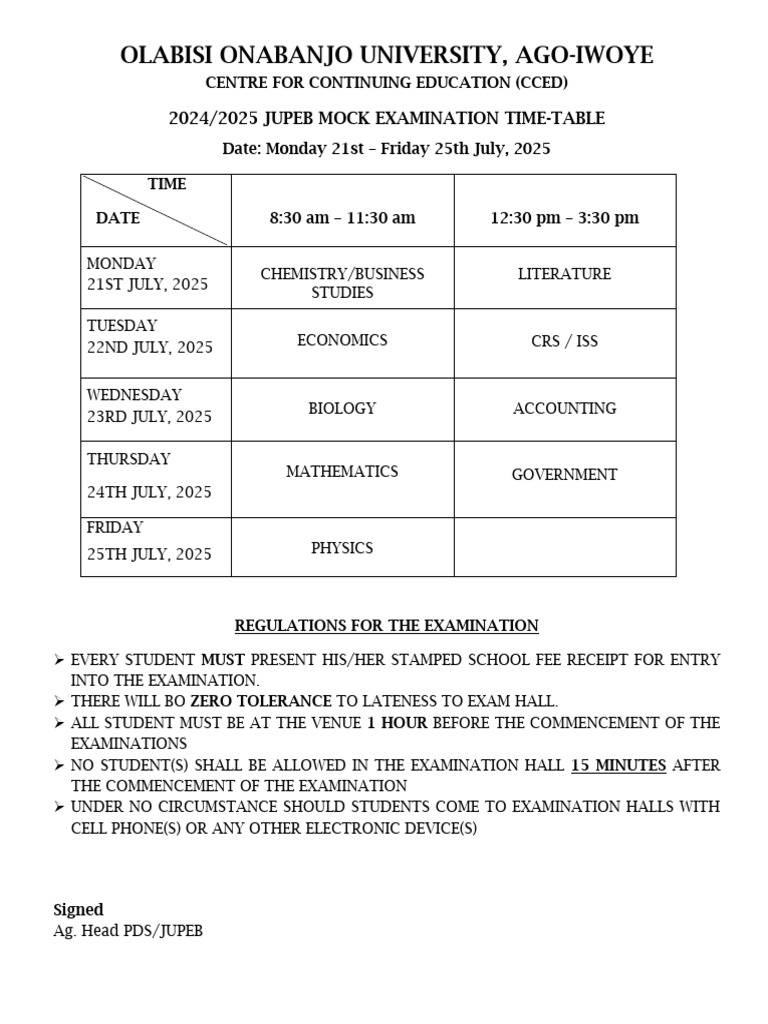 2025 Mock Examination Time-Table | PDF