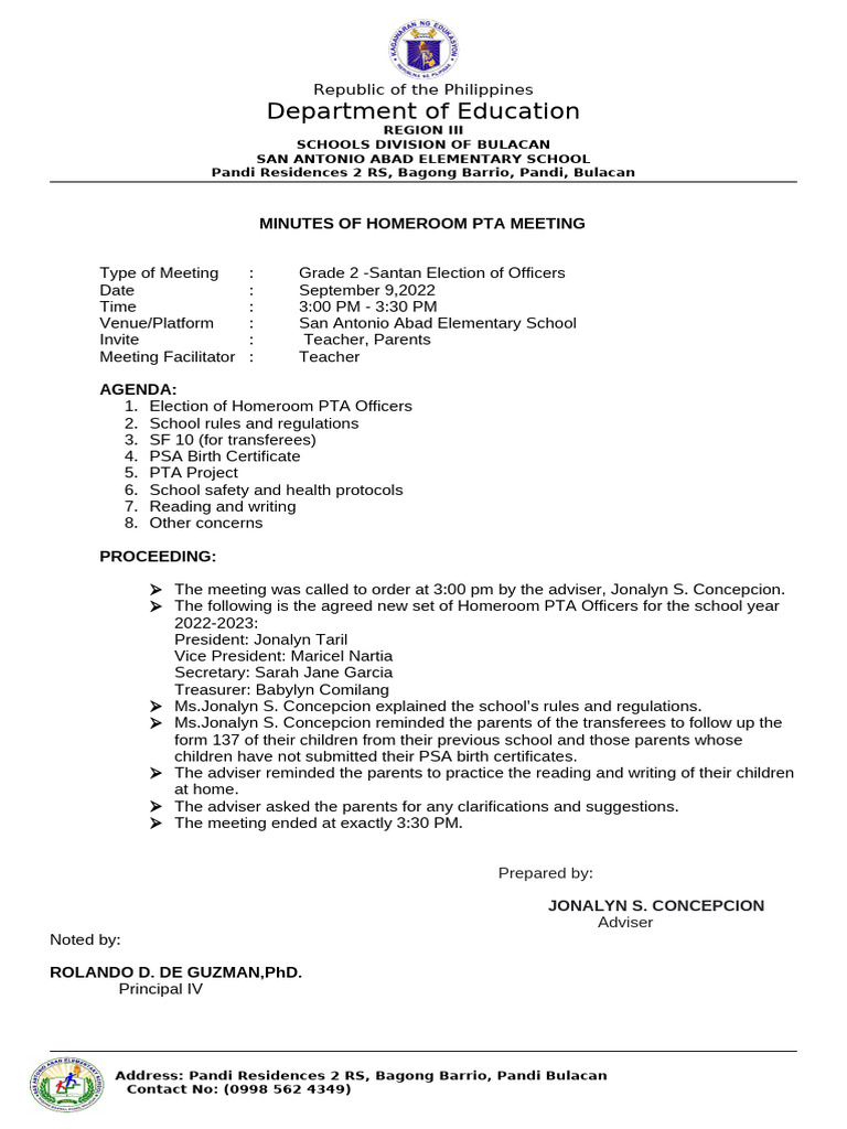 Sample Pta Meeting Minutes of The Meeting | PDF