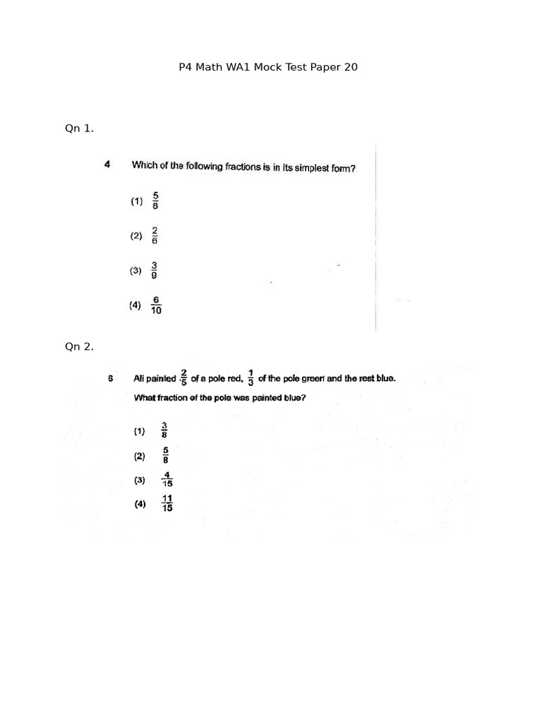 P4 Math WA1 Mock Test Paper 20 | PDF