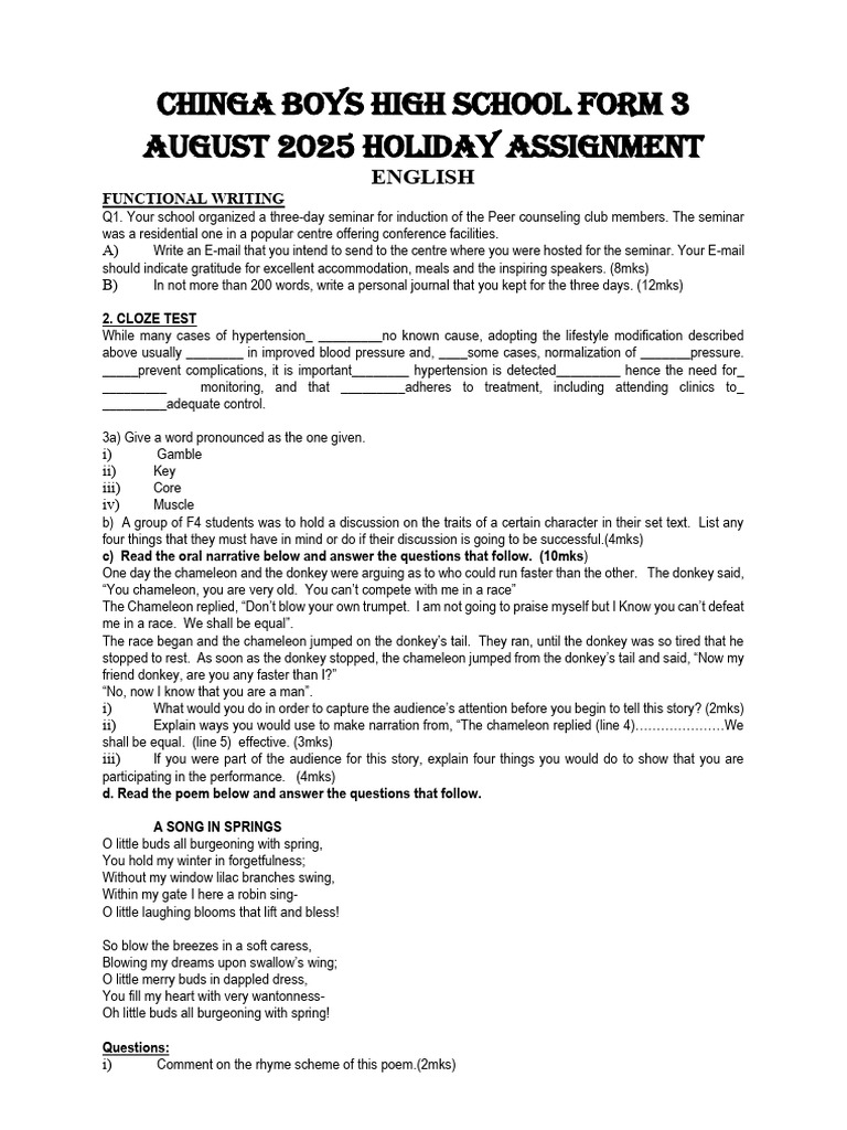 Cbhs Form 3 August 2025 Holiday Assignment | PDF | Precipitation (Chemistry) | Oxide