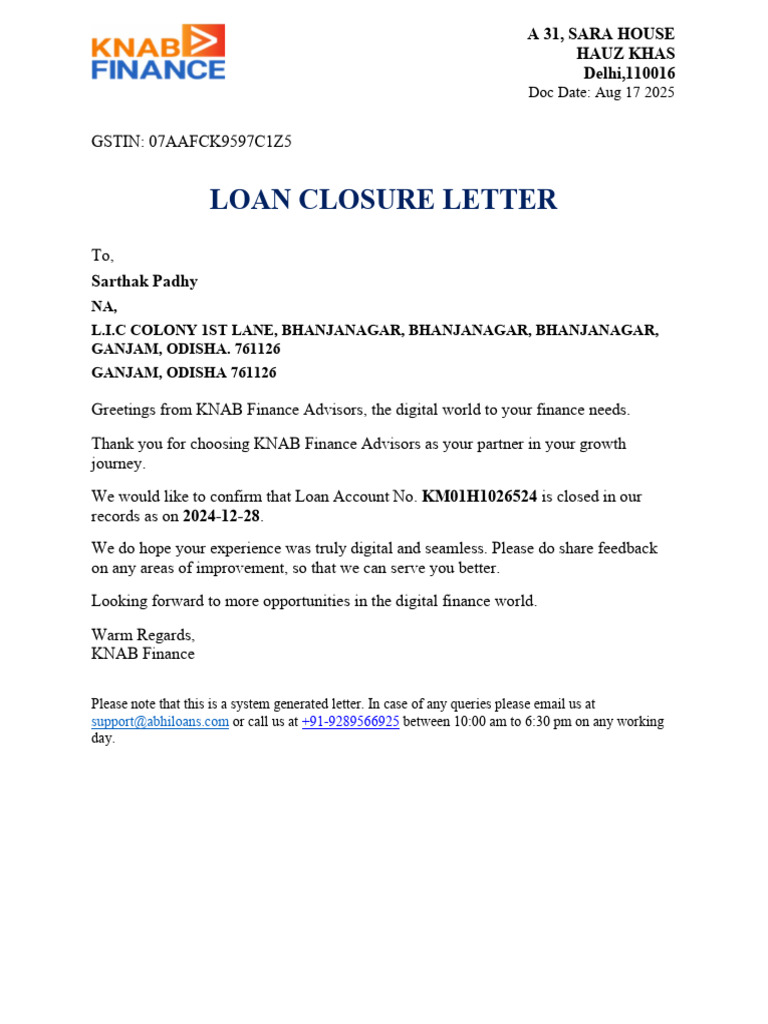 Loan Closure Confirmation Letter | PDF