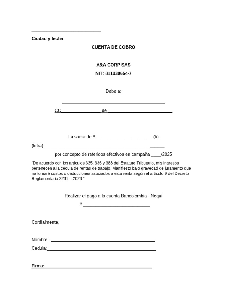 Formato Cuenta de Cobro # 2 | PDF