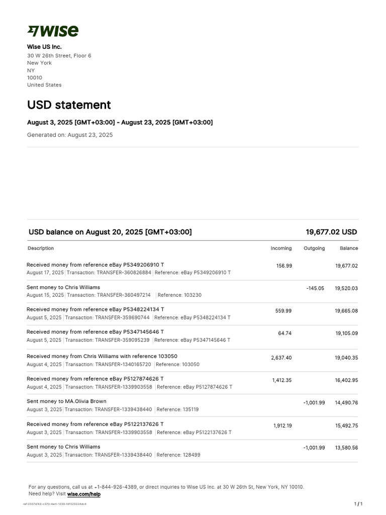 Wise US Inc. USD Statement Summary | PDF