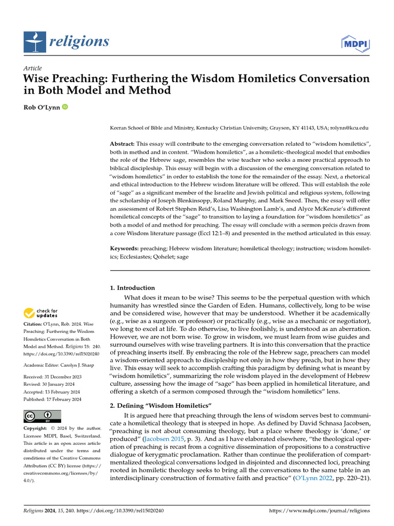 Wise Preaching Furthering The Wisdom Homiletics Conversation in Both ...