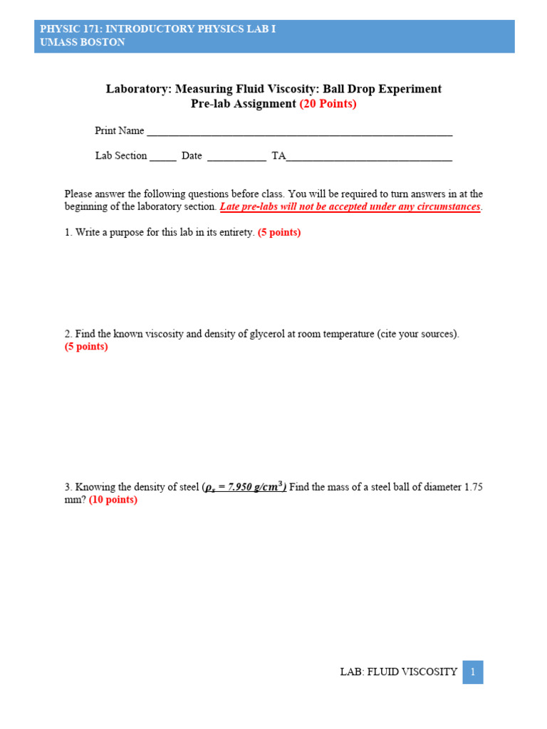 Measuring Fluid Viscosity Lab Experiment | PDF | Viscosity | Classical ...