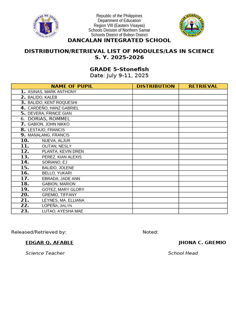 Grade 5 Science Module Distribution List | PDF