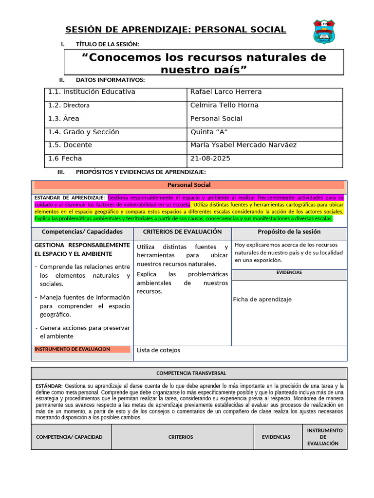 Recursos Naturales en Educación Social | PDF | Aprendizaje | Evaluación
