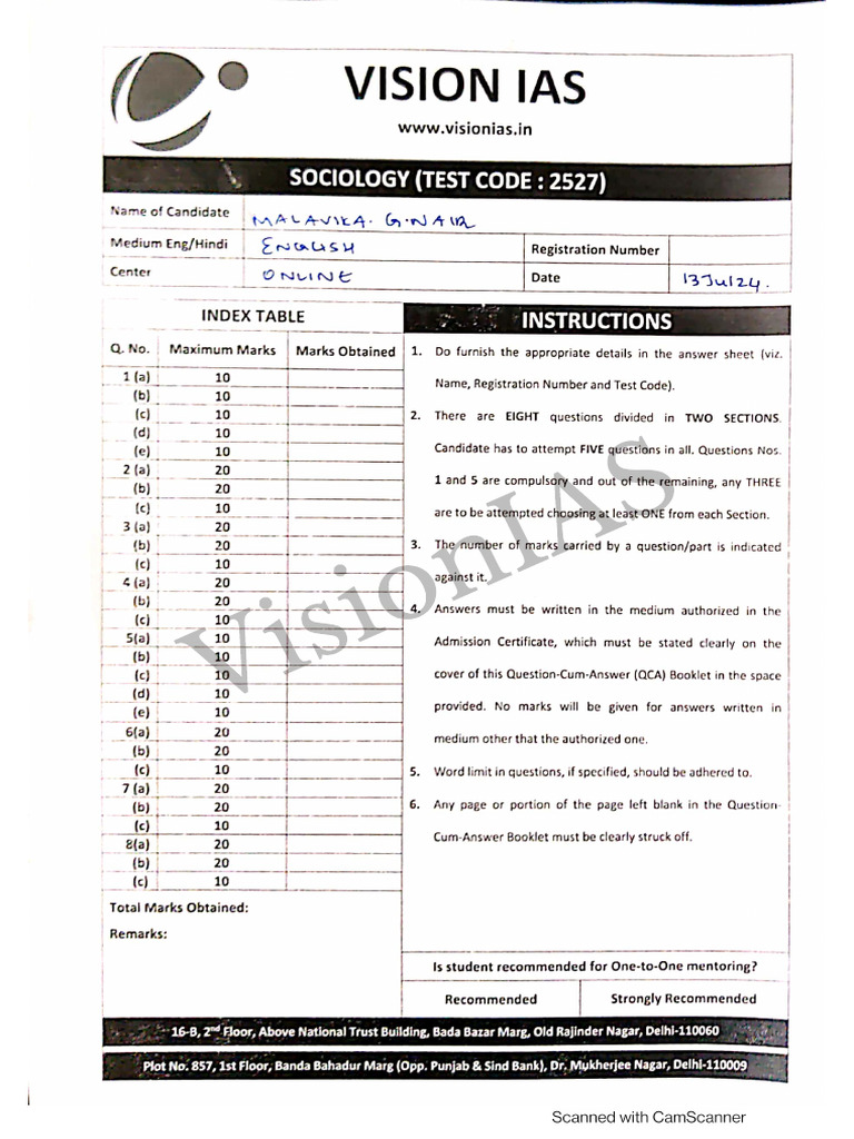VisionIAS Toppers Answer Booklet Malavika G Nair | PDF