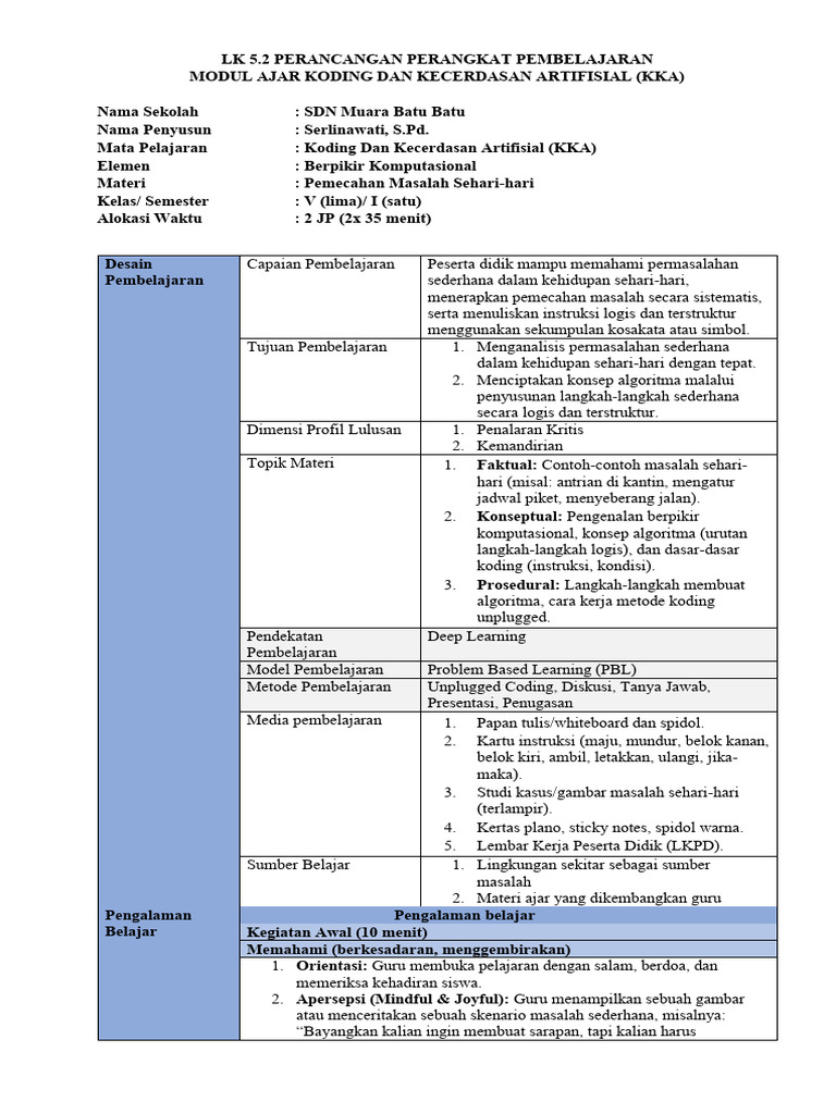 RPM Modul Ajar Koding Dan Kecerdasan Artifisial (KKA) Serlinawati | PDF