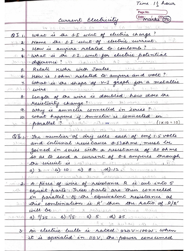 Test Class 10 Current Electricity | PDF