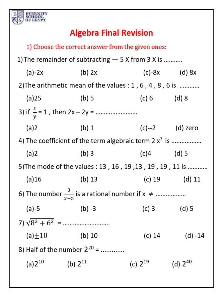 Algebra Final Revesion G7 | PDF | Numbers | Mathematical Analysis