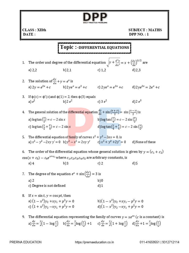 Differential Equations Practice Questions | PDF | Equations ...