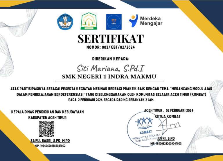 Sertifikat Webinar Modul Ajar Berdiferensiasi | PDF