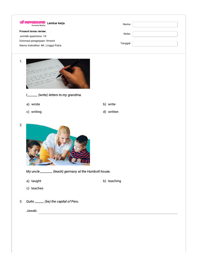 Present Tense Review Worksheet | PDF