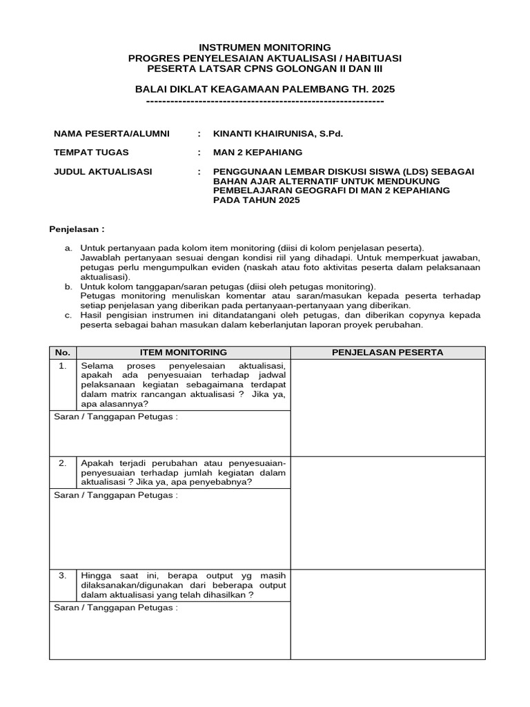 Instrumen Monitoring Habituasi - 2025 | PDF