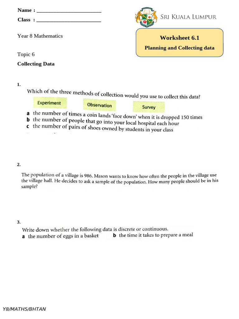Year 8 Data Collection Worksheet | PDF