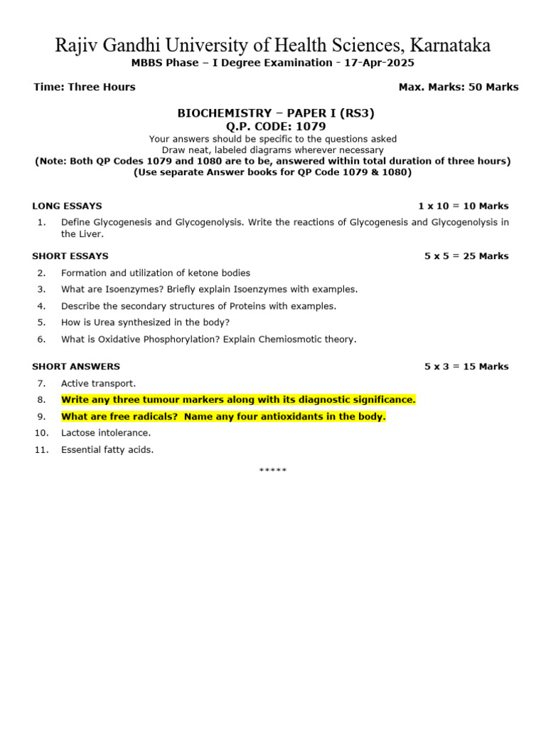 RGUHS 2019-2025 Biochemistry QP | PDF | Cholesterol | Biochemistry