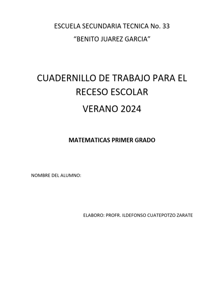 Cuadernillo de Trabajo de Nuevo Ingreso Matematicas 1ro | PDF