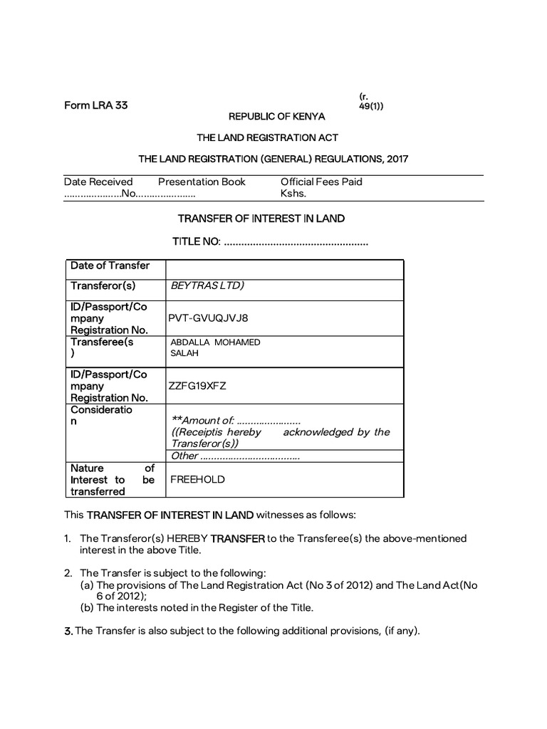 Land Transfer Document - Kenya | PDF | Government And Personhood