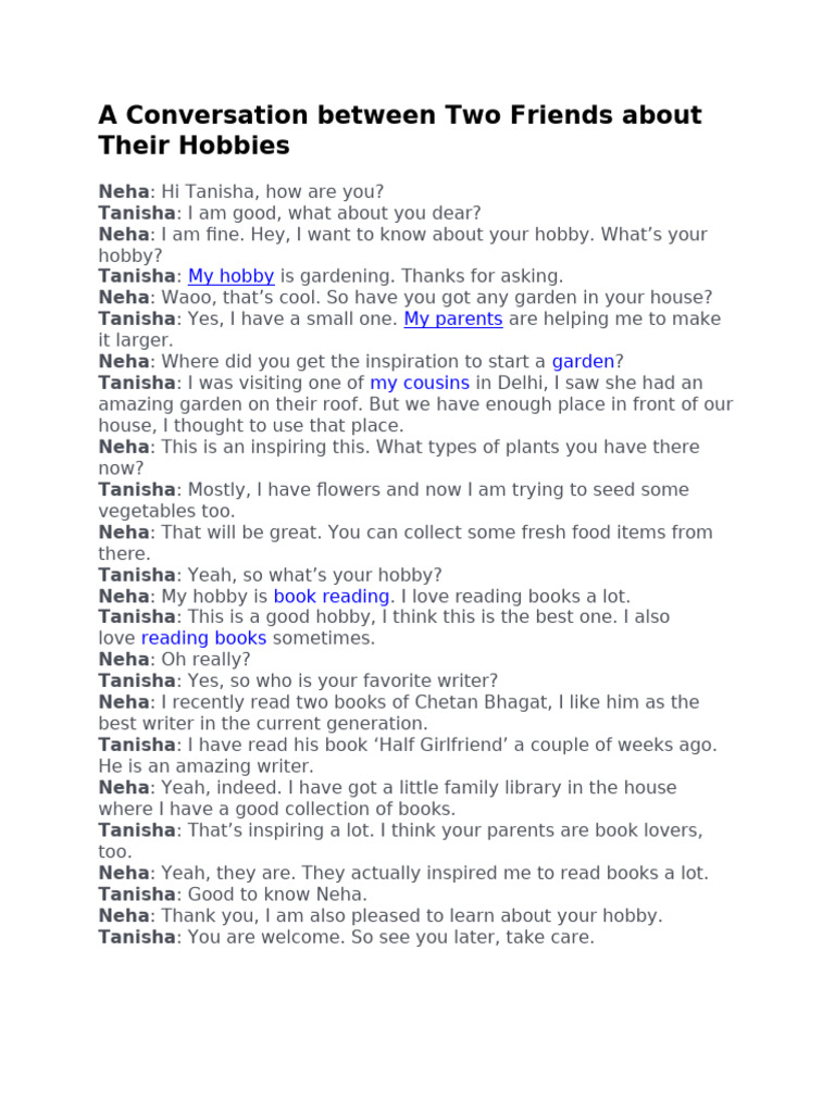 Friends Discuss Their Hobbies | PDF