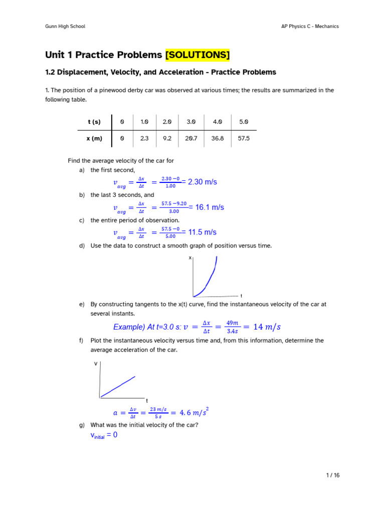 Unit 1 Practice Problems (SOLUTIONS) | PDF | Velocity | Acceleration
