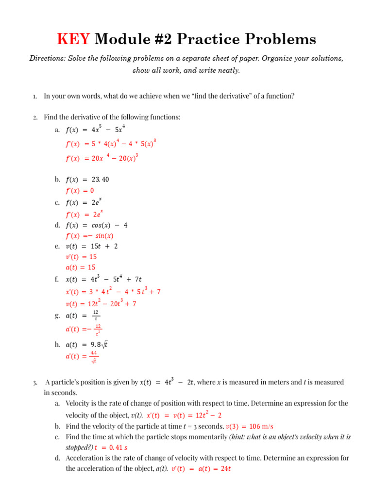 Derivative and Motion Practice Problems | PDF | Velocity | Acceleration