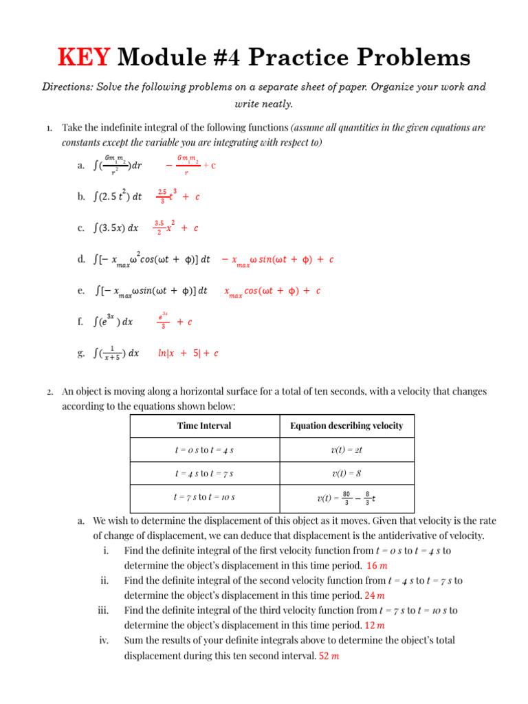 KEY Module #4 Practice Problems | PDF | Integral | Velocity