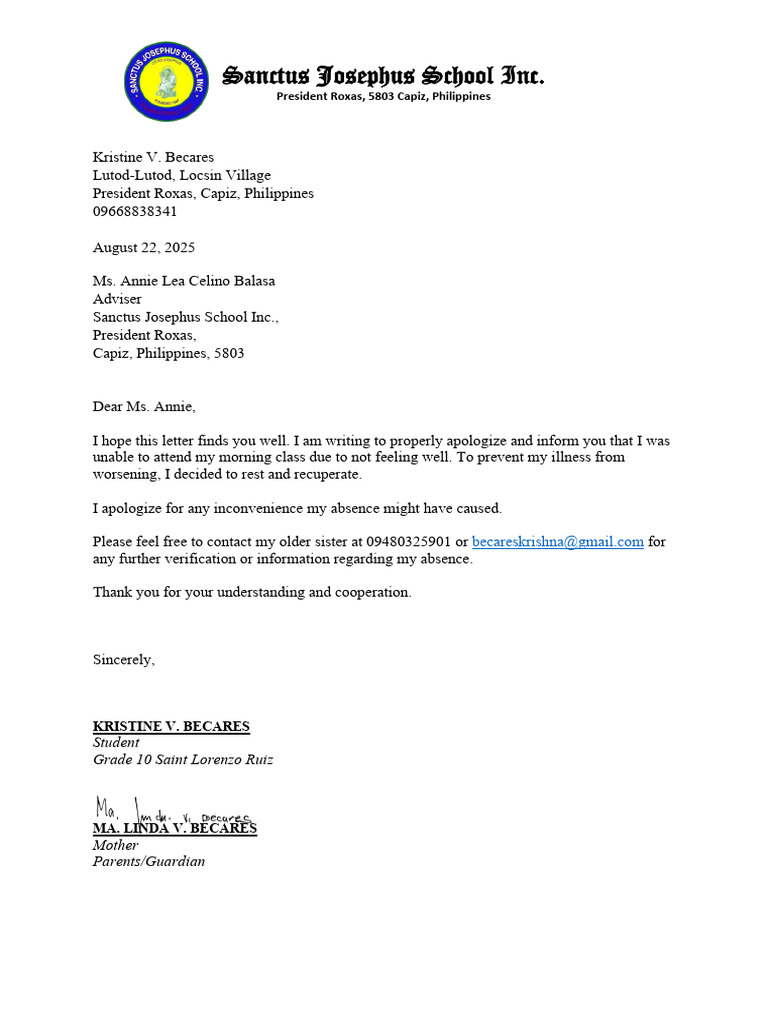 Becares, Kristine - Excuse Letter | PDF