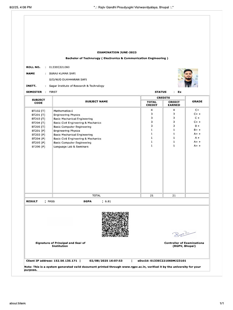 1sem Marksheet | PDF
