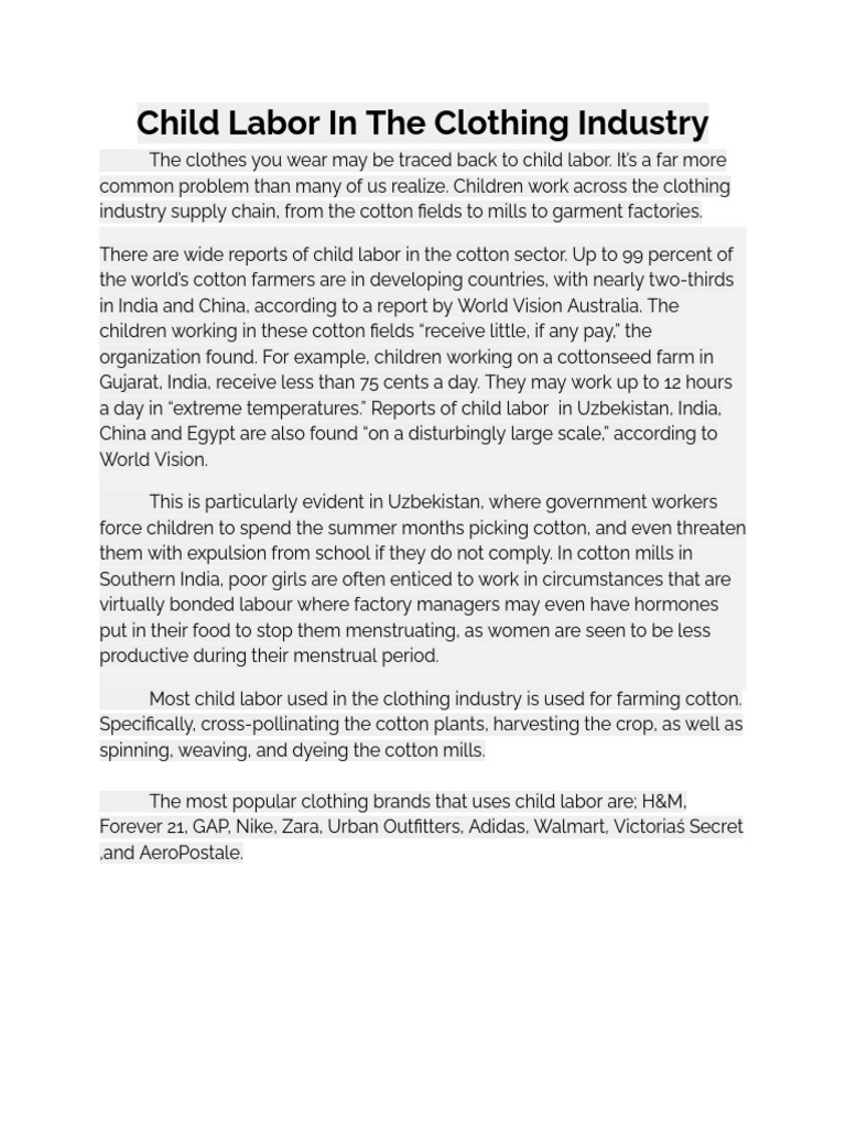 Child Labor in The Clothing Industry | PDF