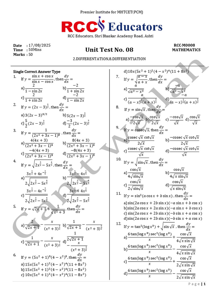 Unit Test No. 08 - Mathematics - Differentiation | PDF
