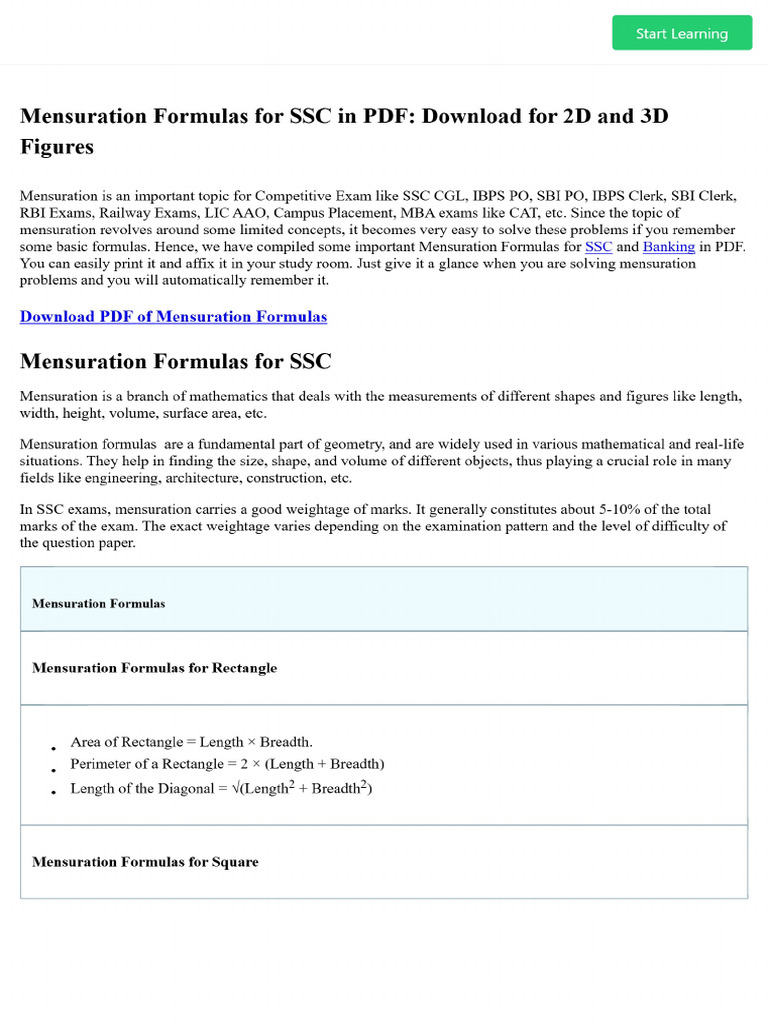 Important Mensuration Formulas For SSC Examinations in PDF | PDF