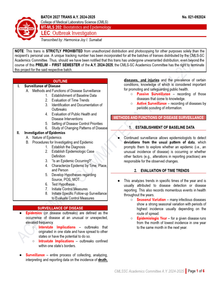 LEC 13 - Outbreak Investigation | PDF | Epidemics | Epidemiology