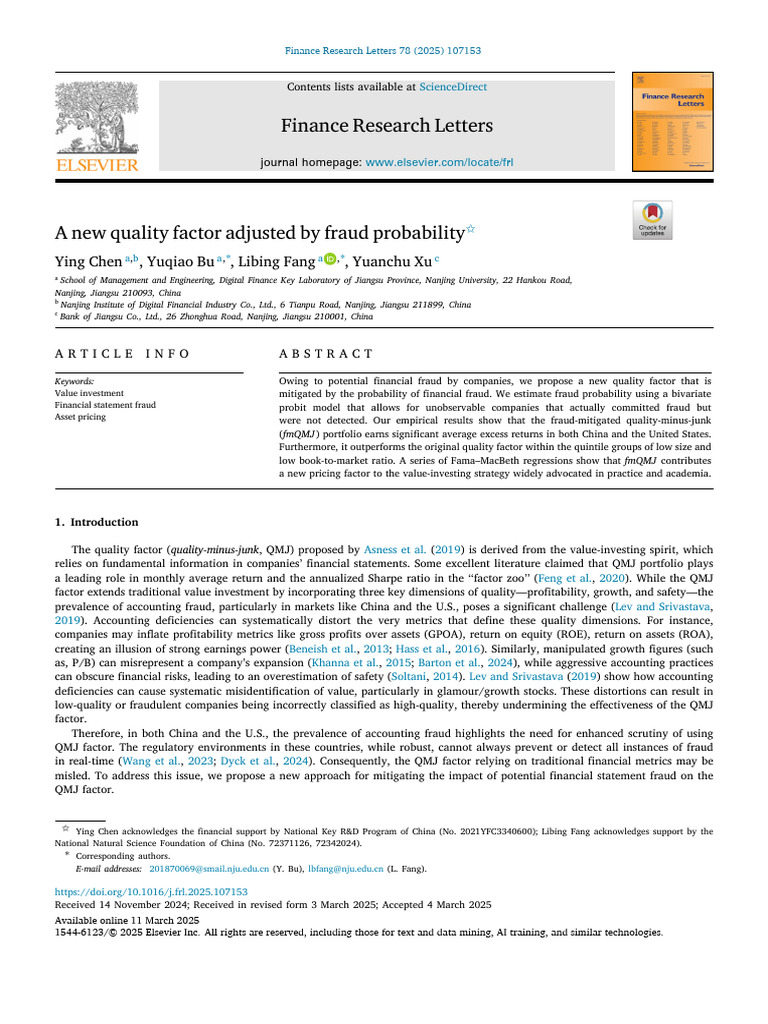 A New Quality Factor Adjusted by Fraud Probabili 2025 Finance Research ...