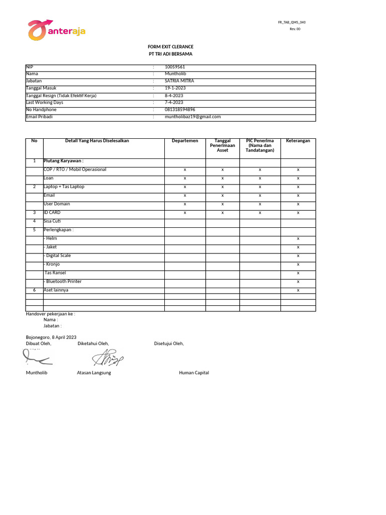 Formulir Exit Clearance Karyawan PT TAB | PDF