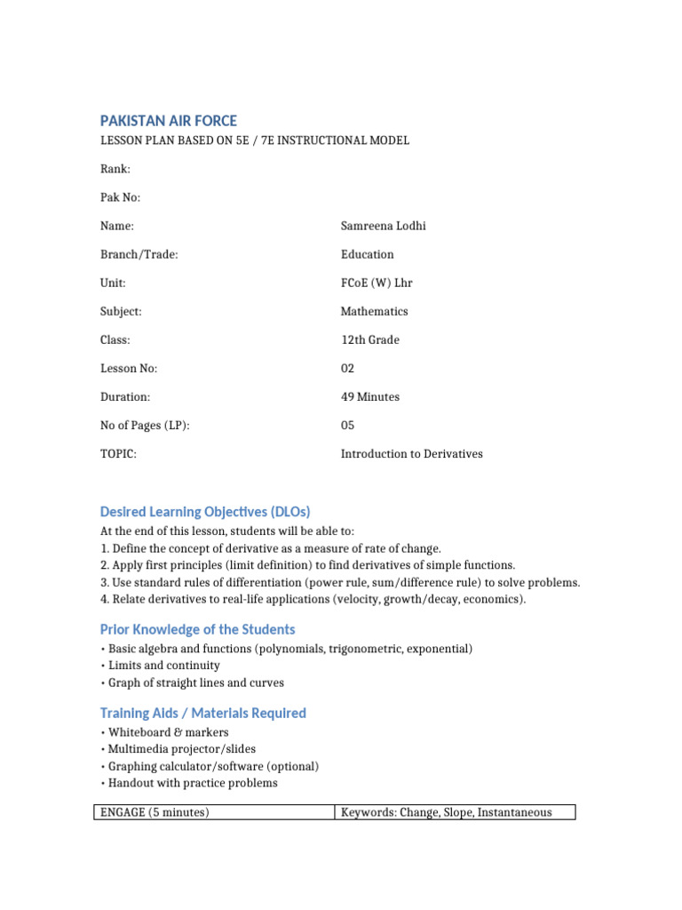 Derivatives Lesson Plan for 12th Grade | PDF | Derivative | Speed