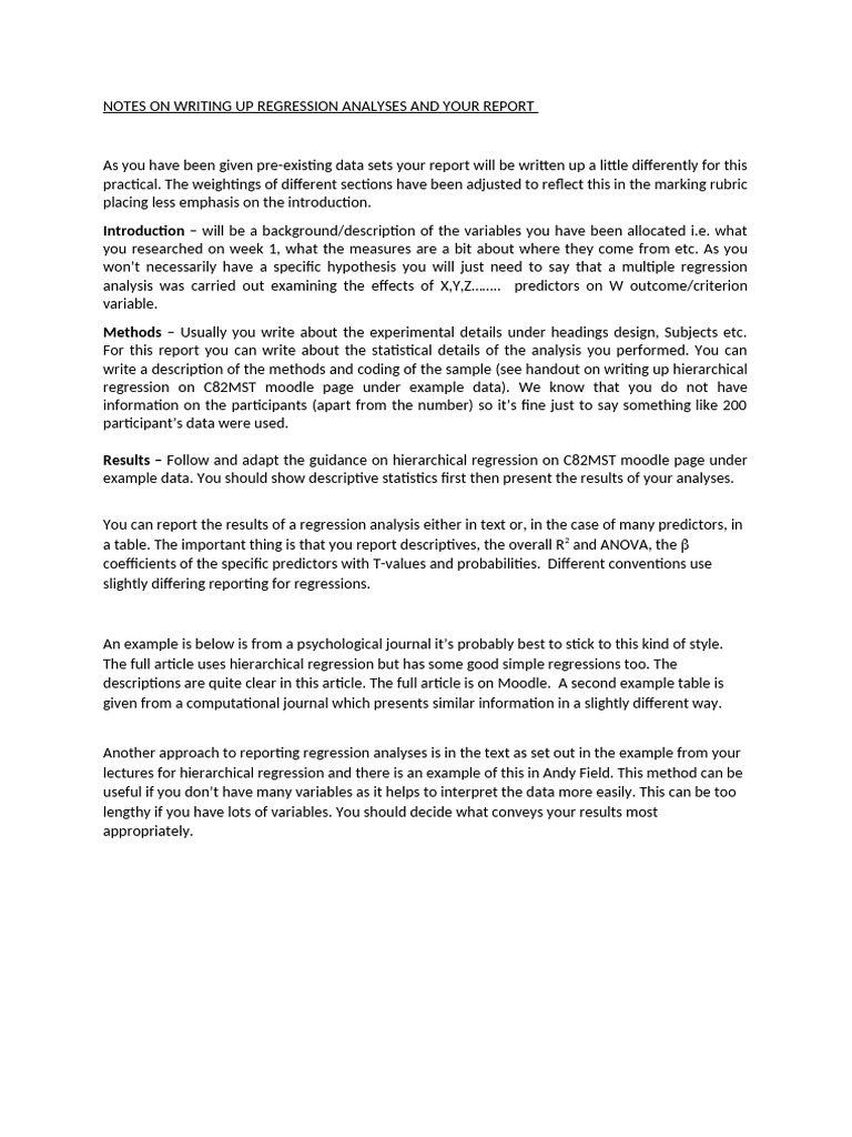 Notes On Writing Up Regression Analyses and Your Report | PDF ...